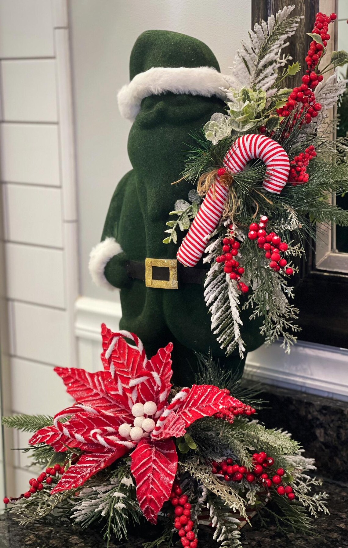 Flocked Santa Decor, Green Flocked Santa, Santa Claus Decor for ...