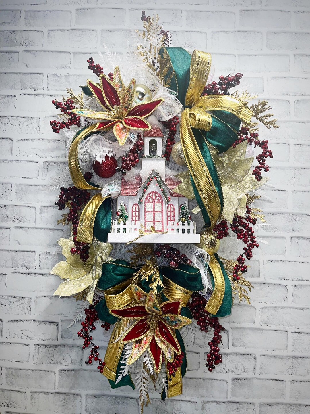 Stunning Christmas Lighted Church Swag, Red Green and Gold Holiday Swag ...