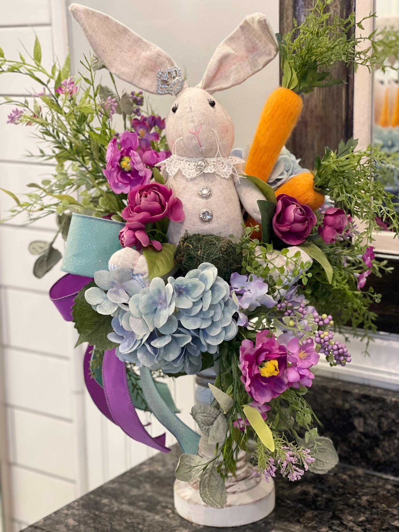 Teal and Purple Easter Bunny Candlestick Arrangement, Easter Table ...