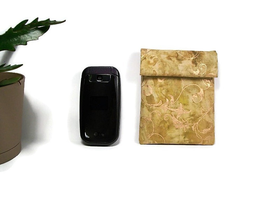 RFID Pouch for Flip Phone, Beige Batik Fabric With Metallic Gold Print ...