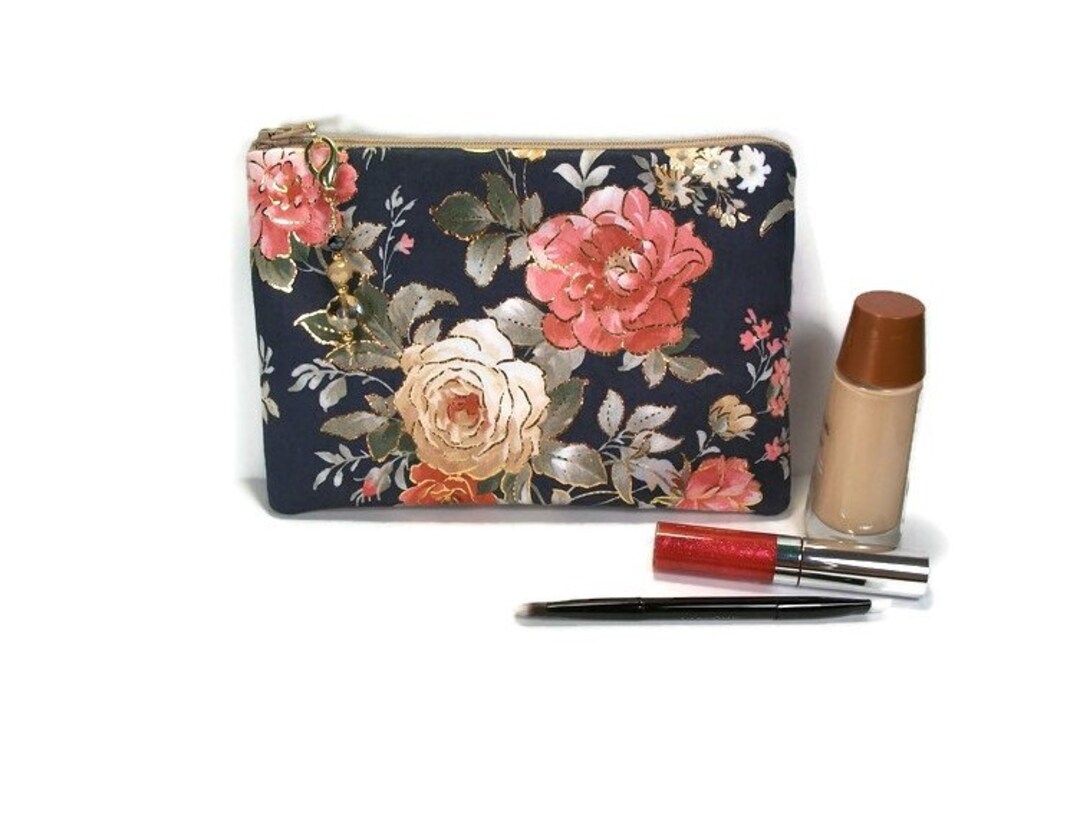 Makeup Pouch, Beaded Zipper Pull, Elegant Fabric With Metallic Gold ...