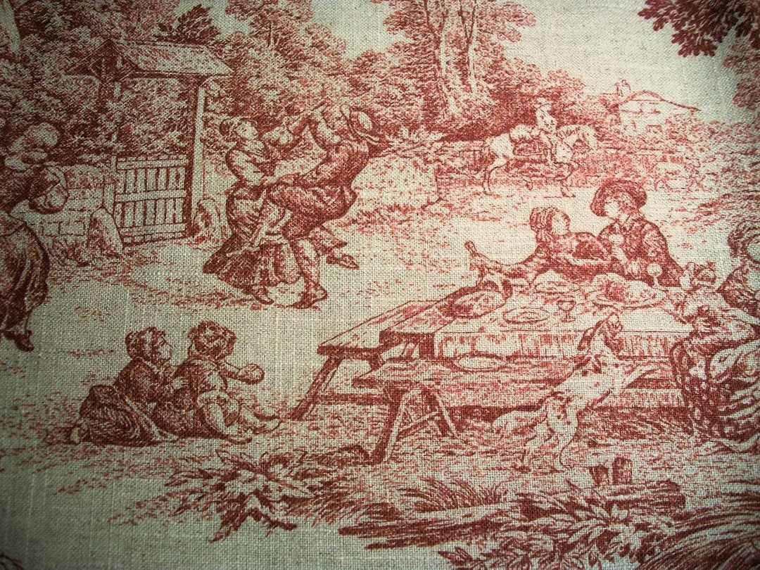 French Style Toile, One Yard Burgundy Print Fabric, Country Scenes on a ...