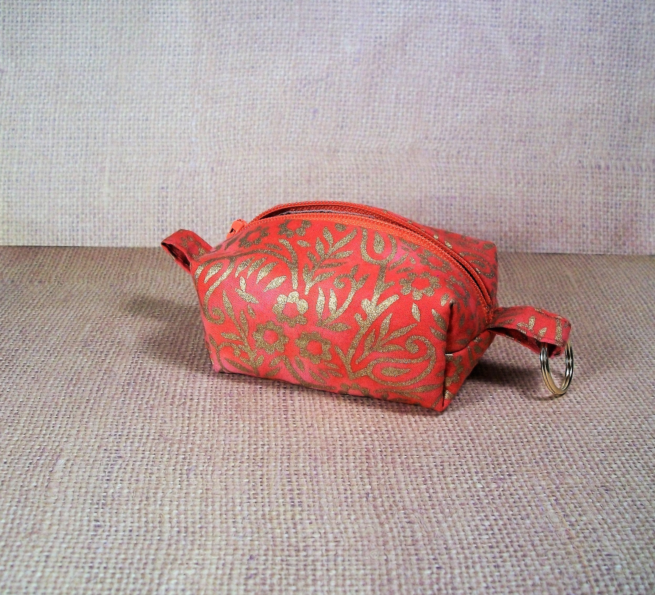 Small Keychain Pouch, With Zipper Top, Orangey Red Batik, Gold Metallic ...