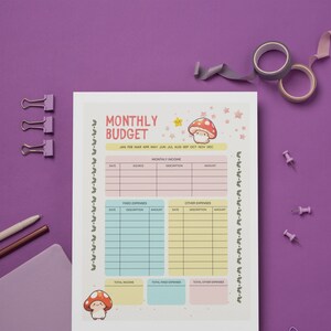 Monthly Budget Planner Printable Sheet Cute and Kawaii Mushrooms for ...