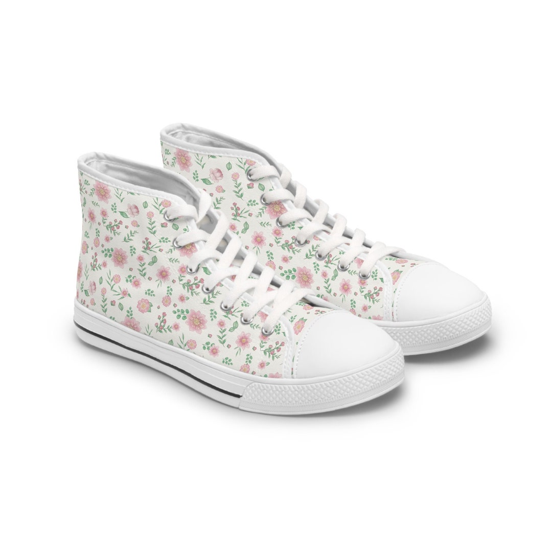 Cute Floral Pink Shoes Women's High Top Sneakers Pink Flower With Green ...