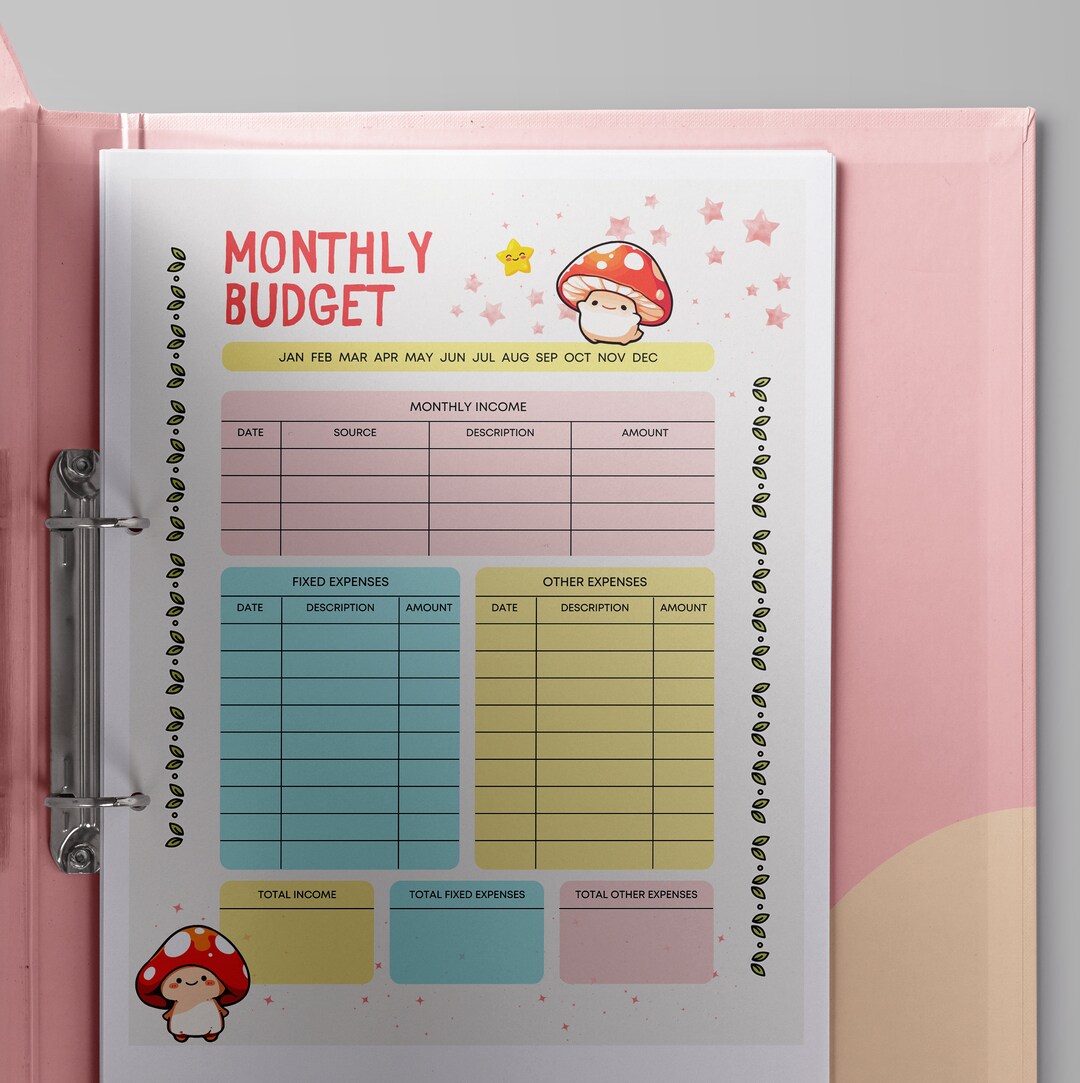 Monthly Budget Planner Printable Sheet Cute and Kawaii Mushrooms for ...