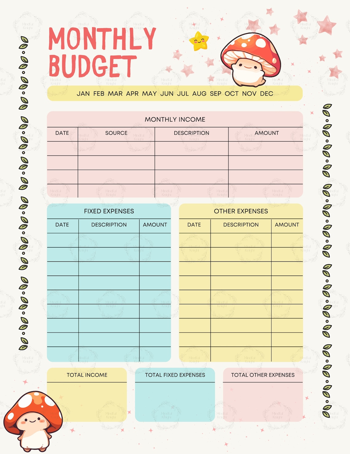 Monthly Budget Planner Printable Sheet Cute and Kawaii Mushrooms for ...