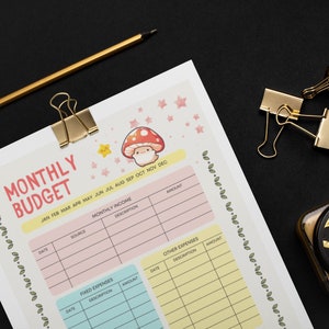 Monthly Budget Planner Printable Sheet Cute and Kawaii Mushrooms for ...