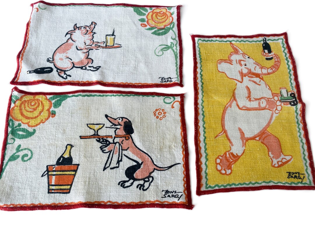 Tony Sarg Signed Vintage 3pc Lot Linen Bar Cocktail Napkin 1950s ...