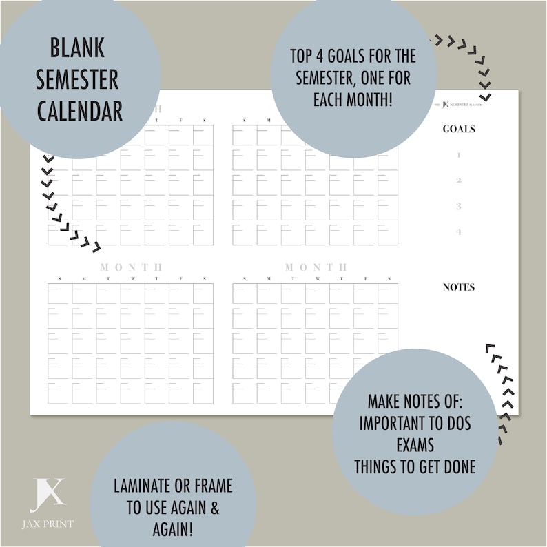 Blank Semester Printable Calendar Planner, Minimalist Printable Large ...