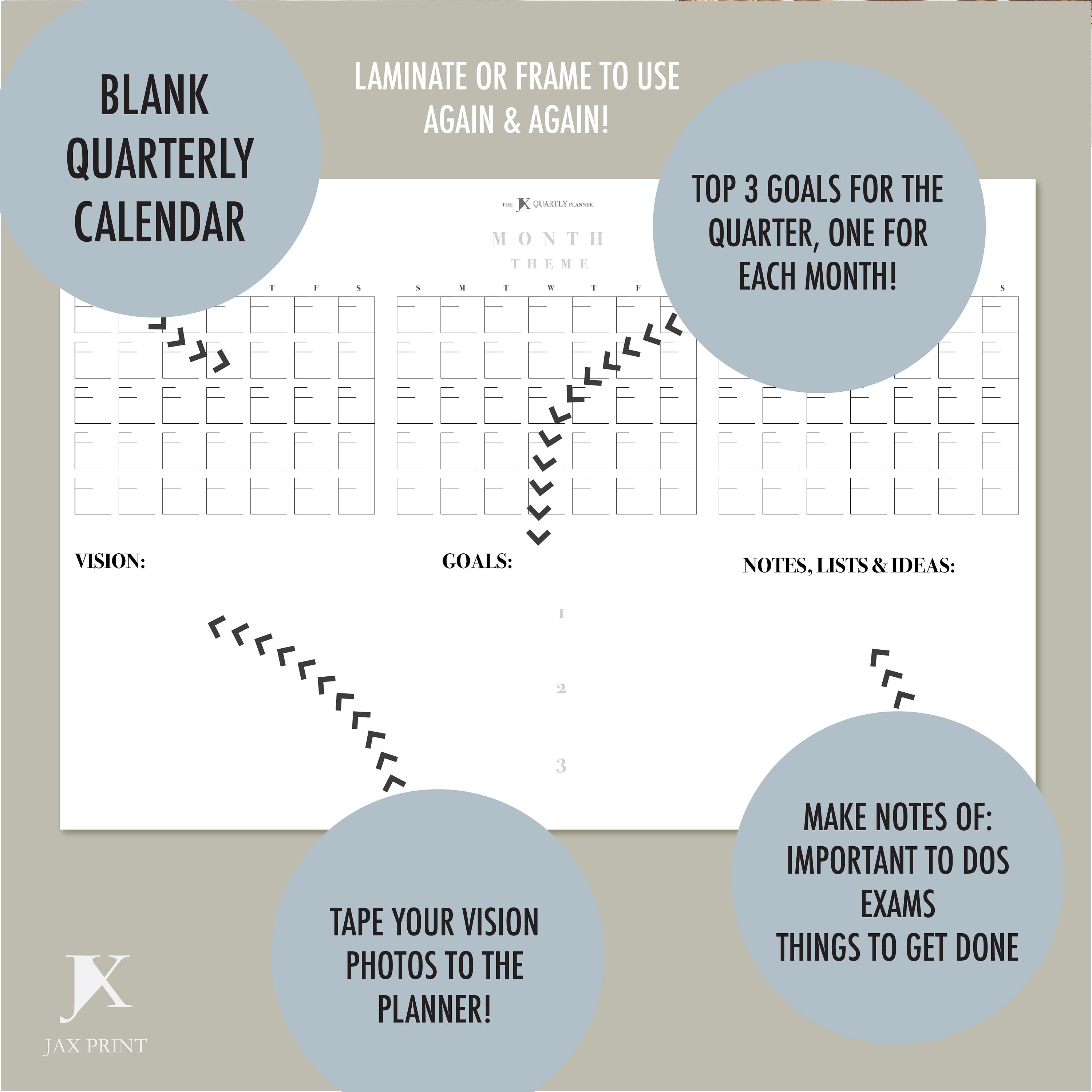 Blank Quarterly Printable Calendar Planner, Minimalist Large Wall ...