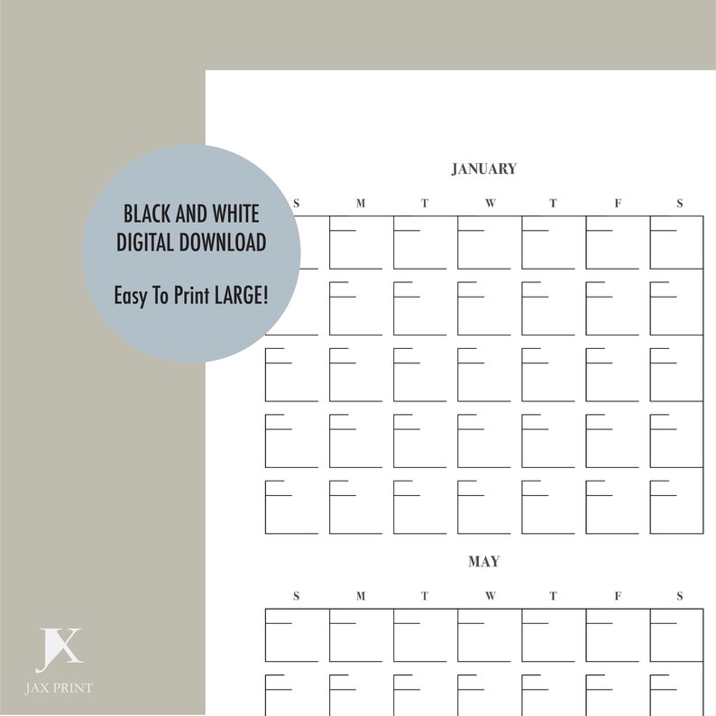 Blank Yearly Printable Calendar Planner, Minimalist Large Wall Calendar ...
