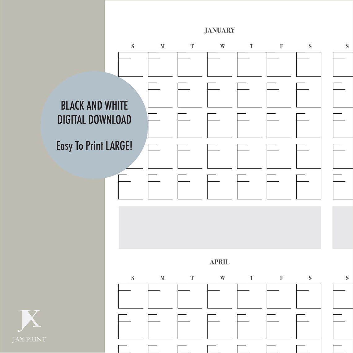 Blank Yearly Printable Vertical Calendar Planner, Minimalist Large Wall ...