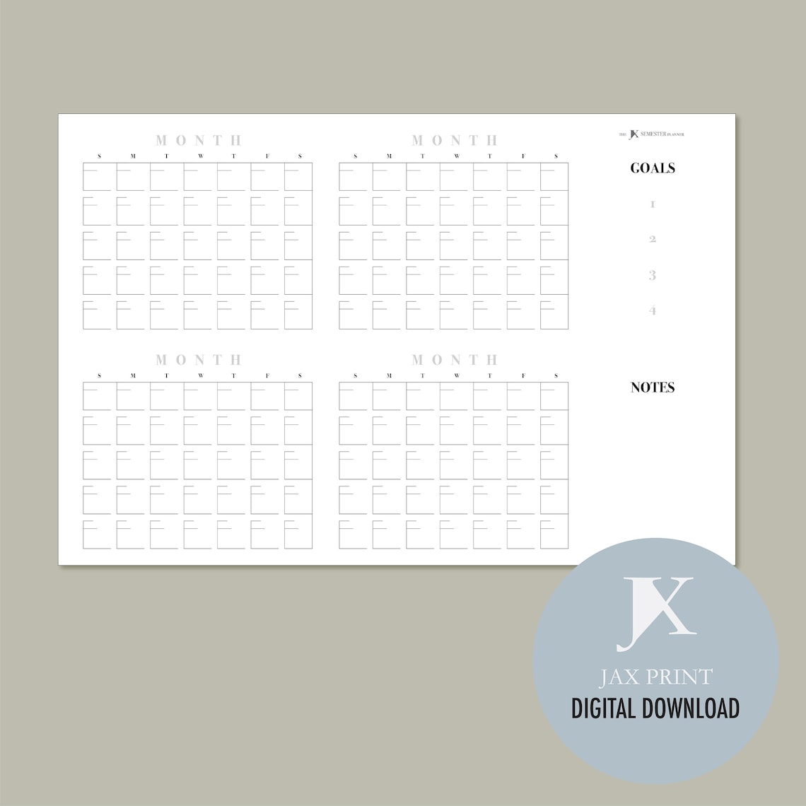 Blank Semester Printable Calendar Planner, Minimalist Printable Large ...