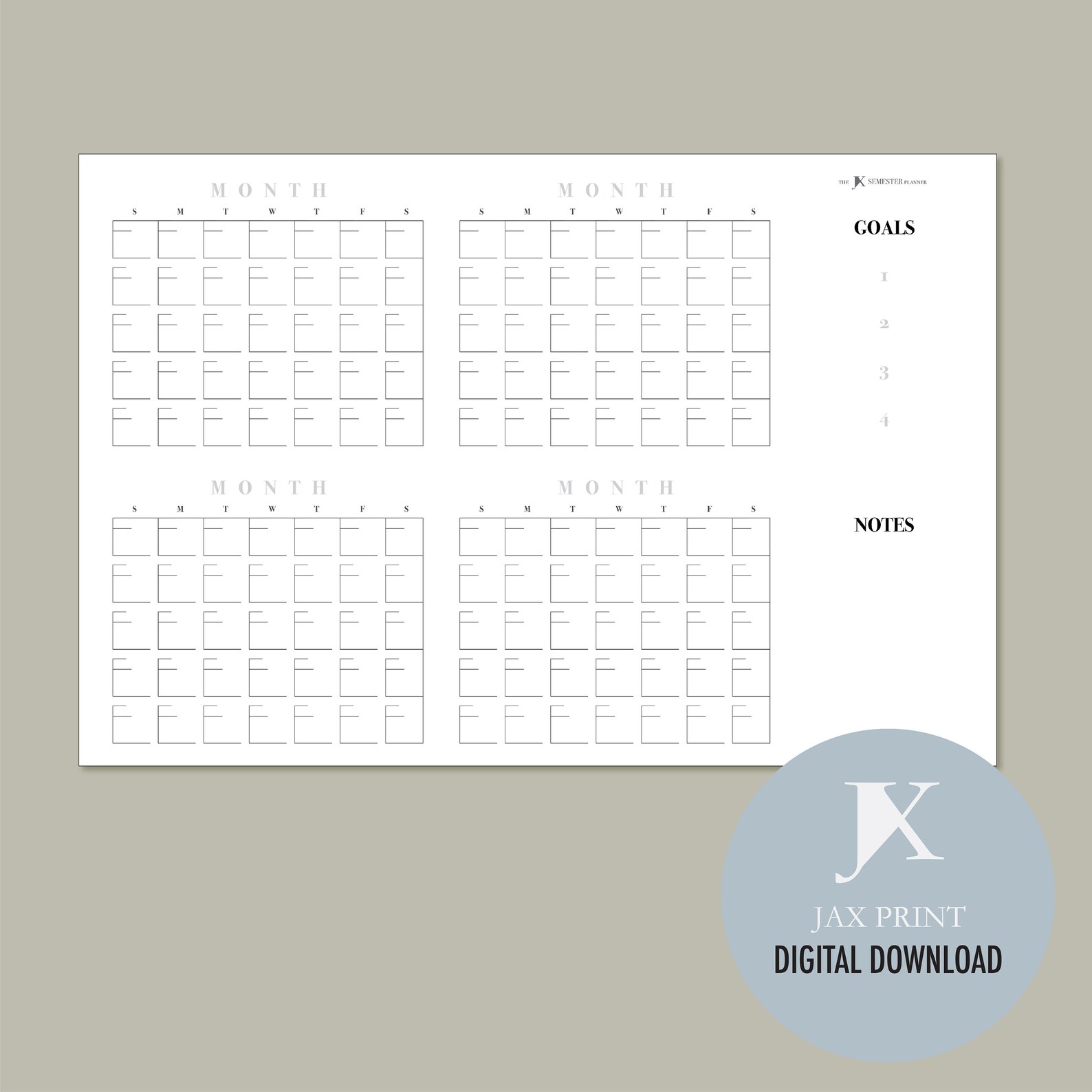 Blank Semester Printable Calendar Planner, Minimalist Printable Large ...