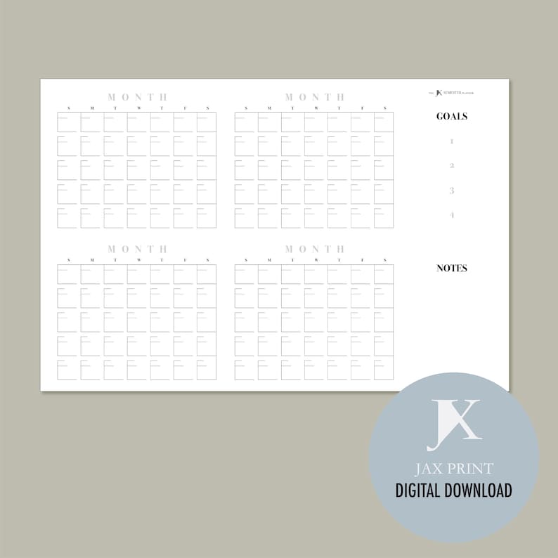 Blank Semester Printable Calendar Planner, Minimalist Printable Large ...