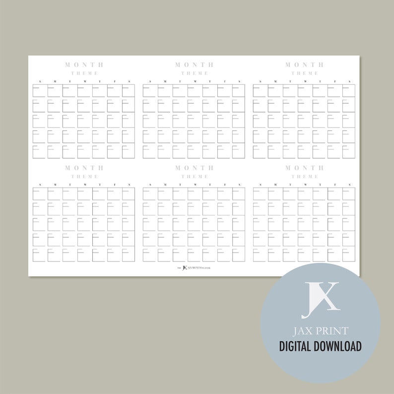 Blank Six Month Printable Calendar Planner, Minimalist Large Wall ...
