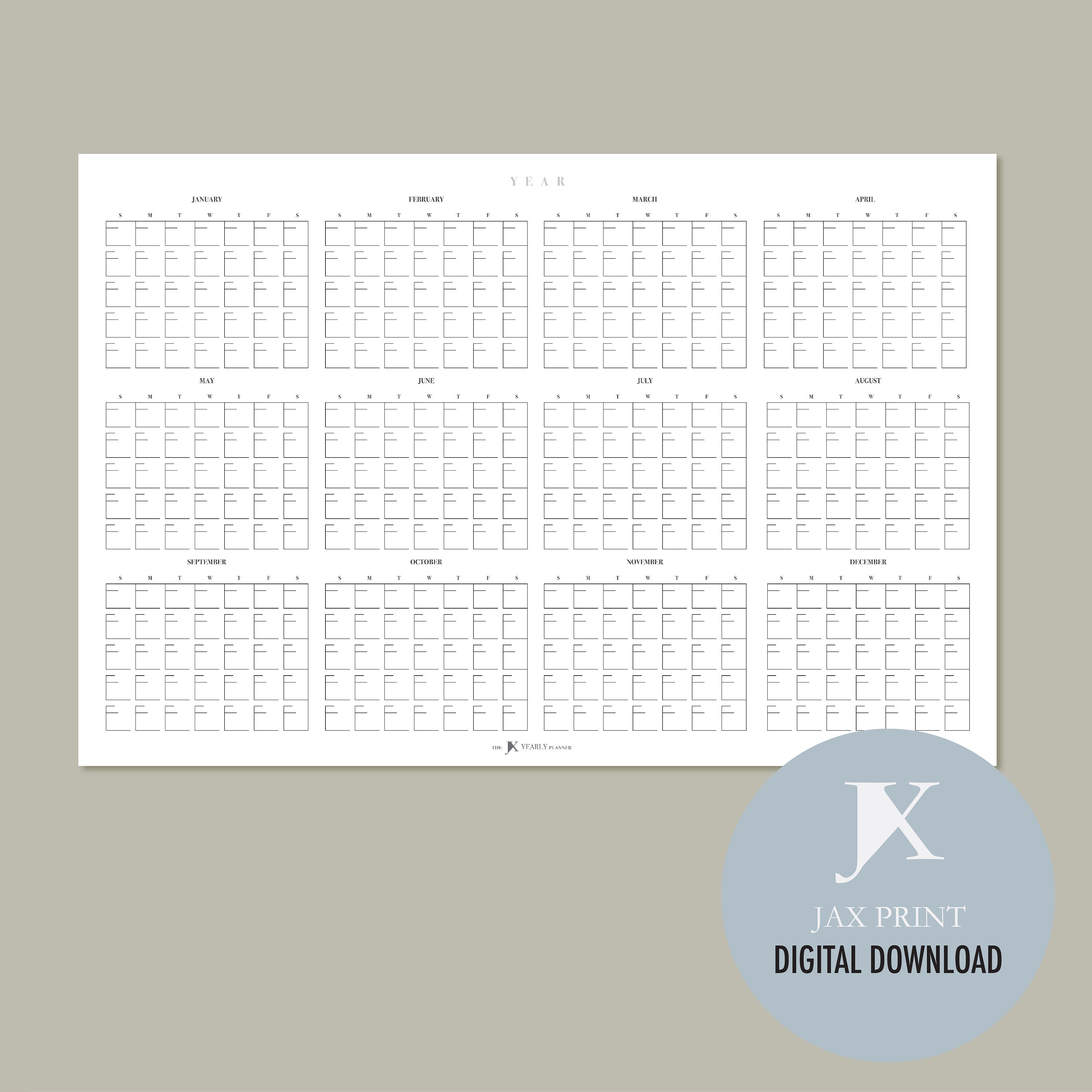 Blank Yearly Printable Calendar Planner, Minimalist Large Wall Calendar ...