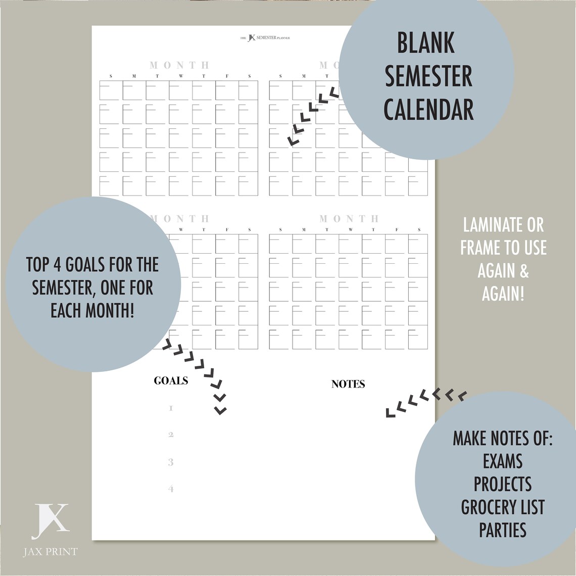 Blank Semester Printable Calendar Planner, Minimalist Printable Large ...