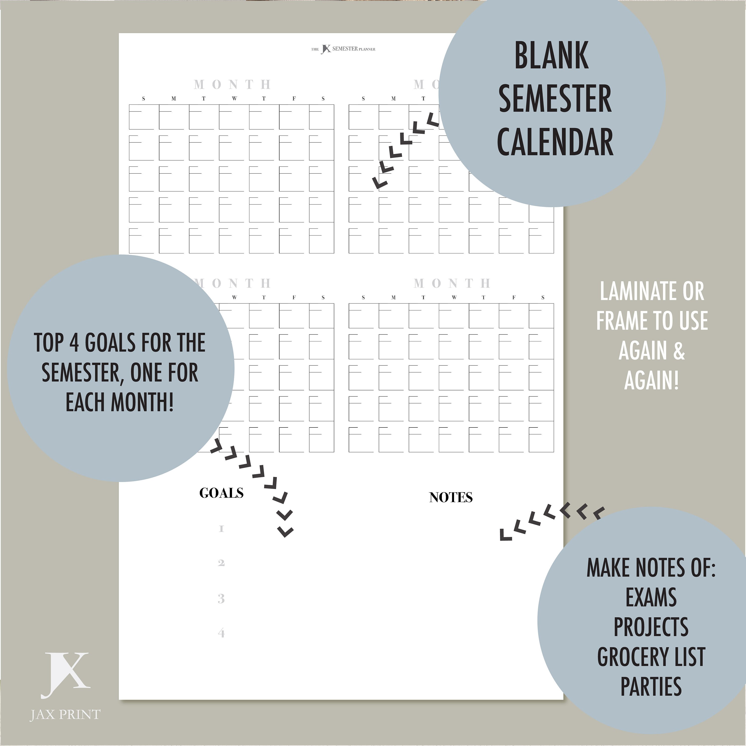 Blank Semester Printable Calendar Planner, Minimalist Printable Large ...