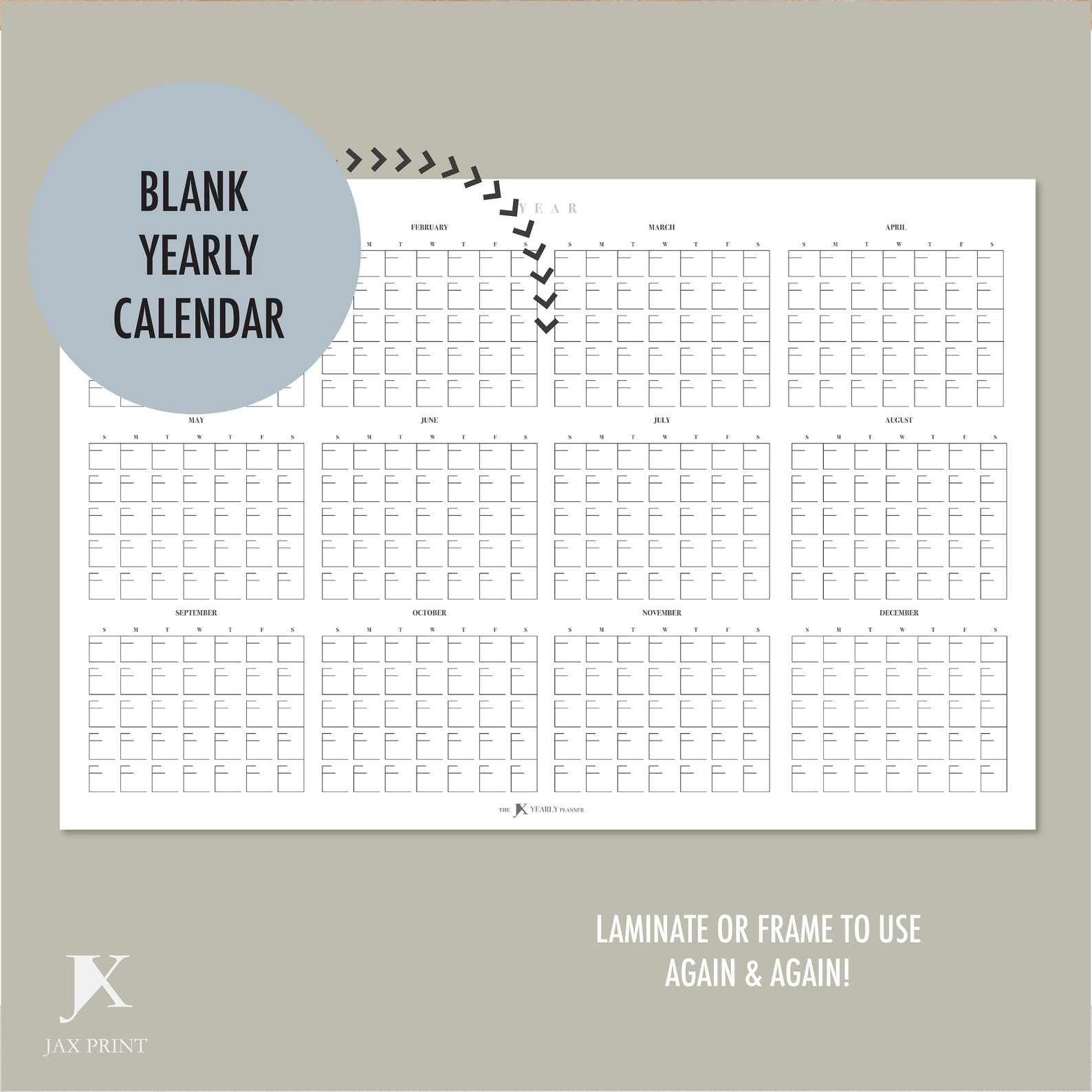 Blank Yearly Printable Calendar Planner, Minimalist Large Wall Calendar ...