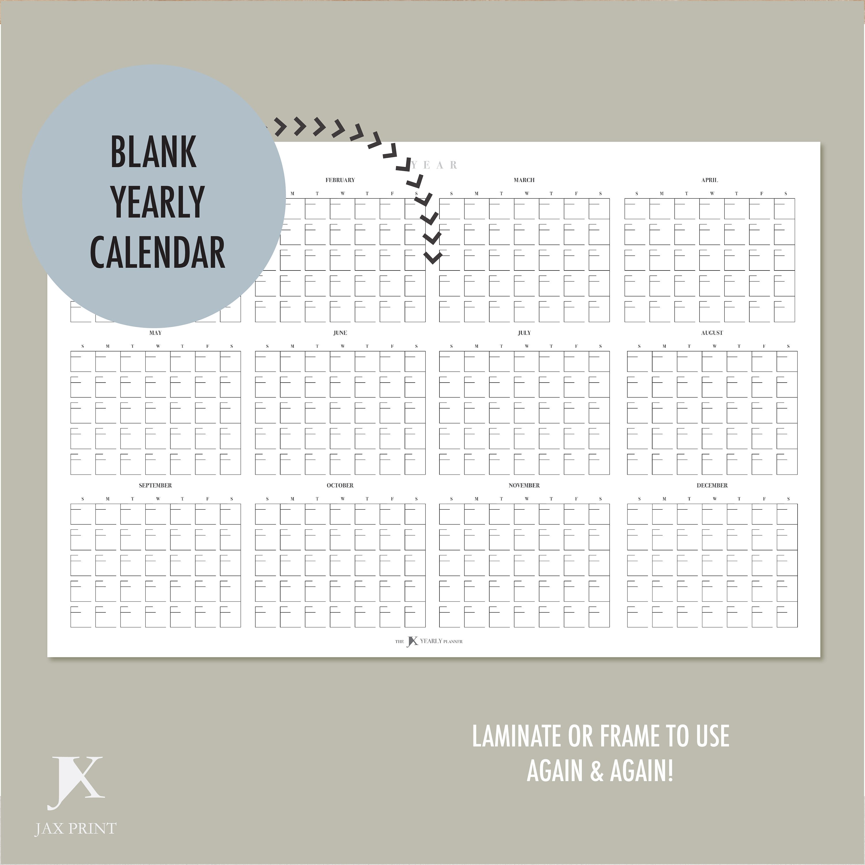Blank Yearly Printable Calendar Planner, Minimalist Large Wall Calendar ...