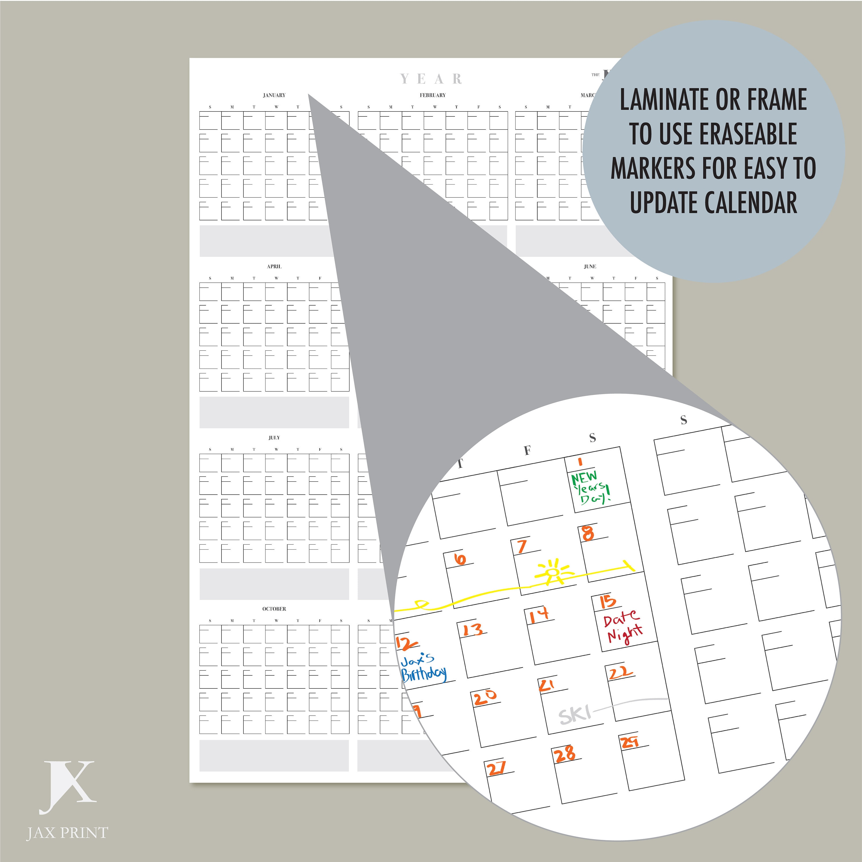 Blank Yearly Printable Vertical Calendar Planner, Minimalist Large Wall ...