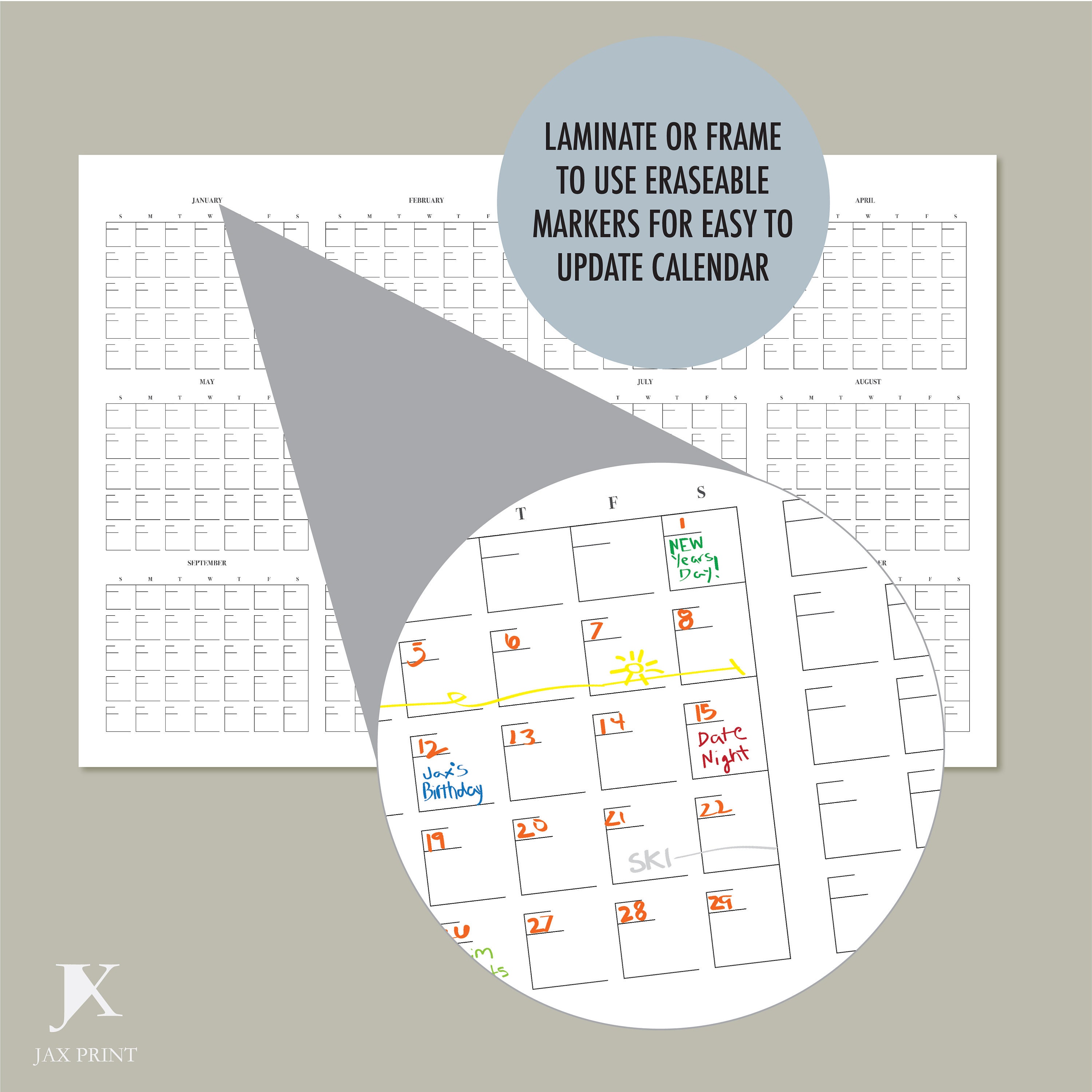 Blank Yearly Printable Calendar Planner, Minimalist Large Wall Calendar ...