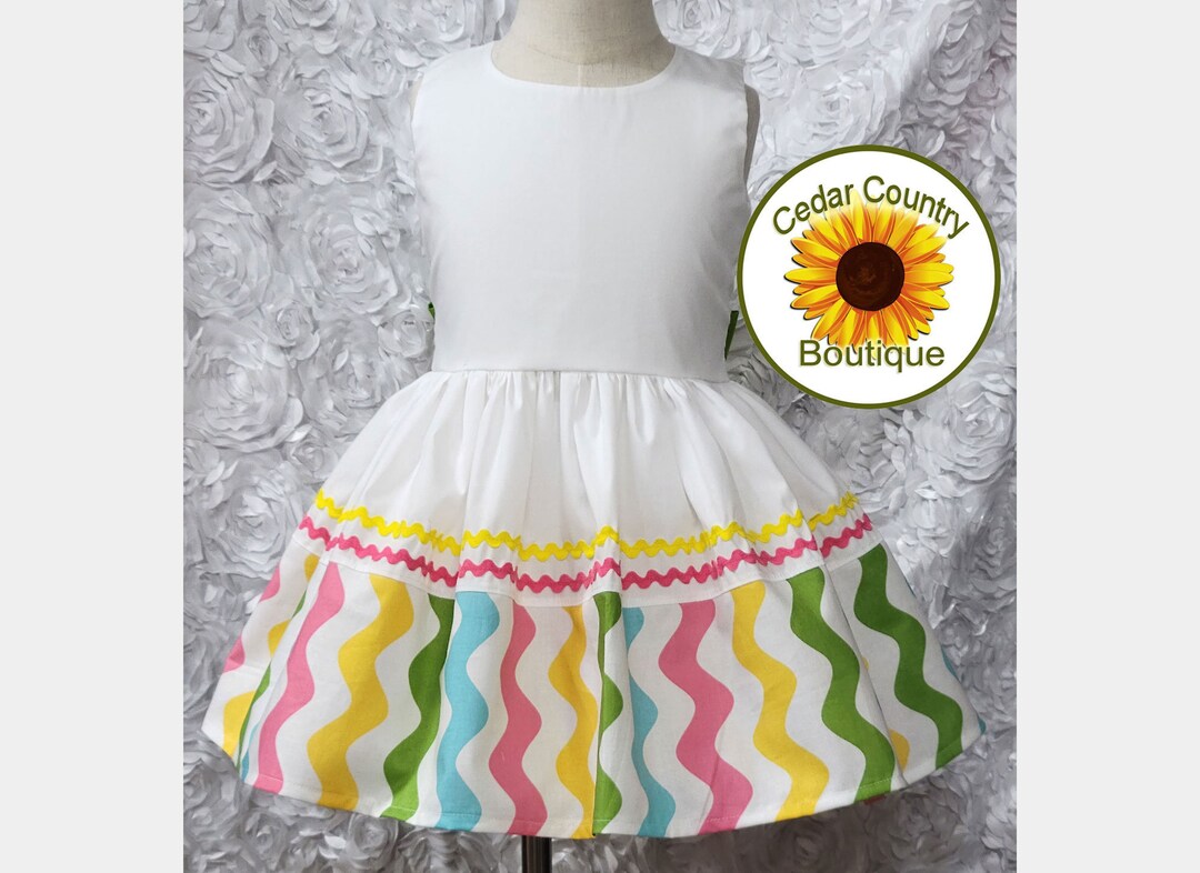 Sleeveless White Ric-rac Trimmed Dress With Colorful Skirt. Infant ...