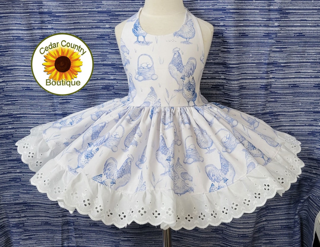 Toile Chicken Halter Dress With Full Twirly Skirt, Infant Baby Toddler ...