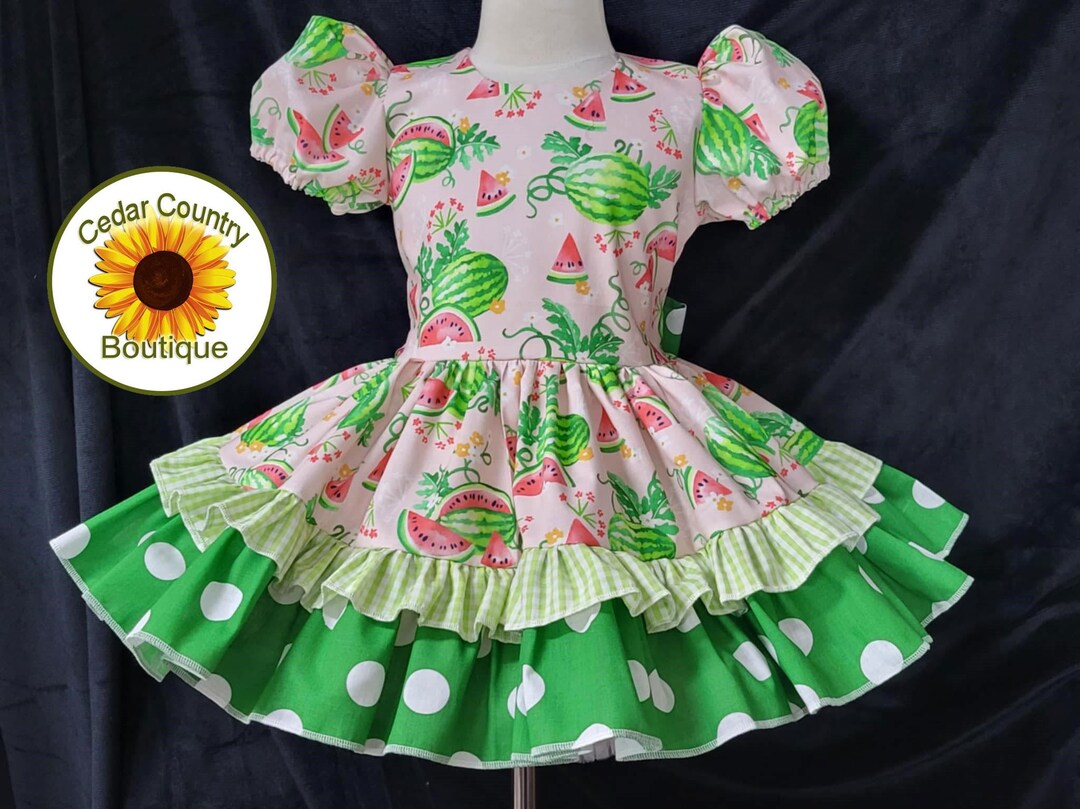Pink Watermelon Print Puff Sleeve Dress With Double Ruffle Hem & Polka ...
