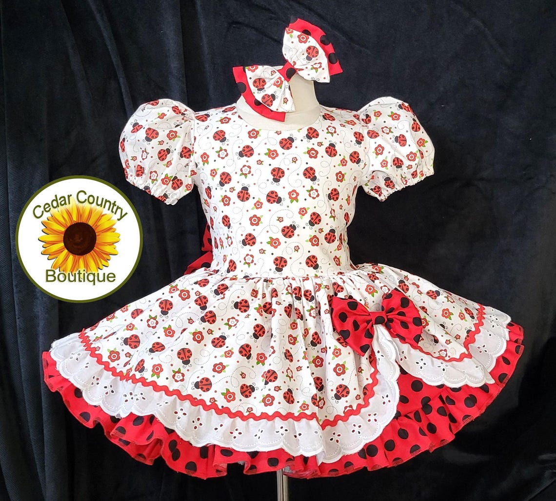 Ladybug Print Puff Sleeve Dress With Pullup Eyelet Trimmed Skirt and ...
