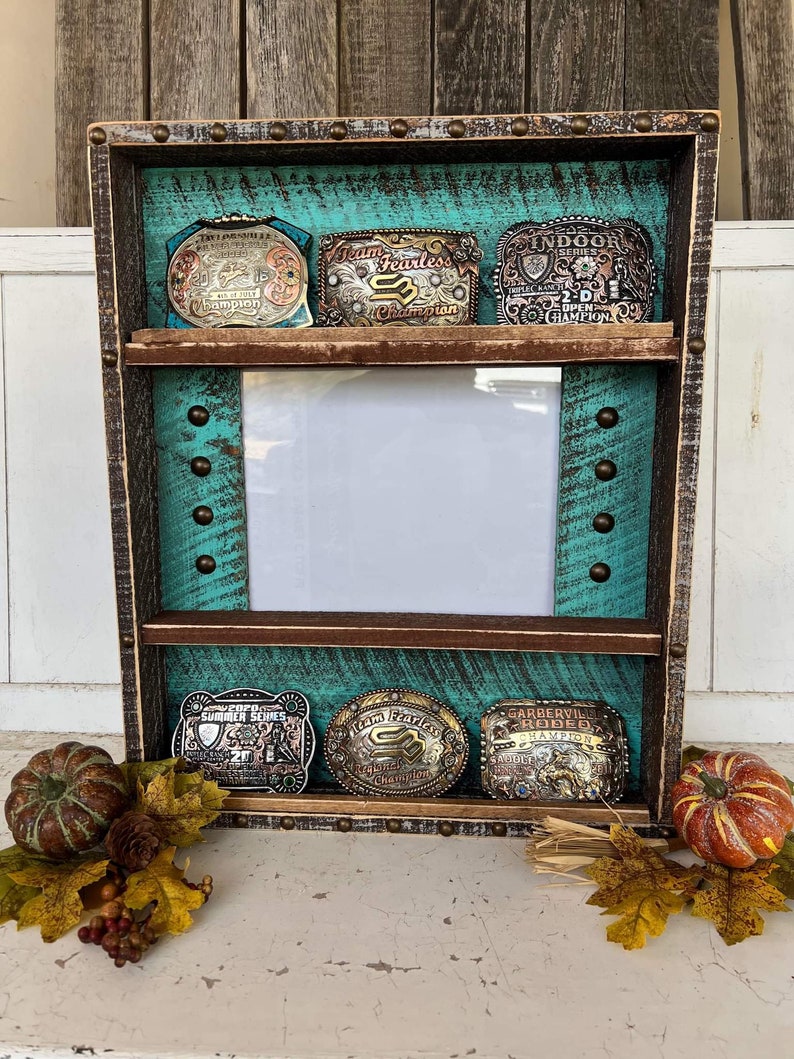 6 Count Belt Buckle Display With 8x10 Center Frame, Light Turquoise - Etsy