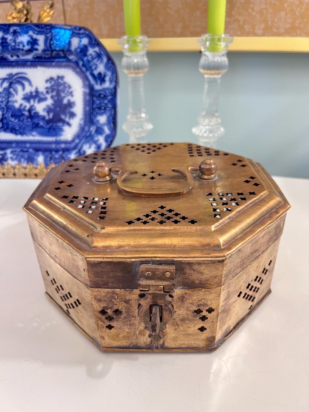 Large Vintage Metal Cricket Box // Chinoiserie Decor // Octagonal ...