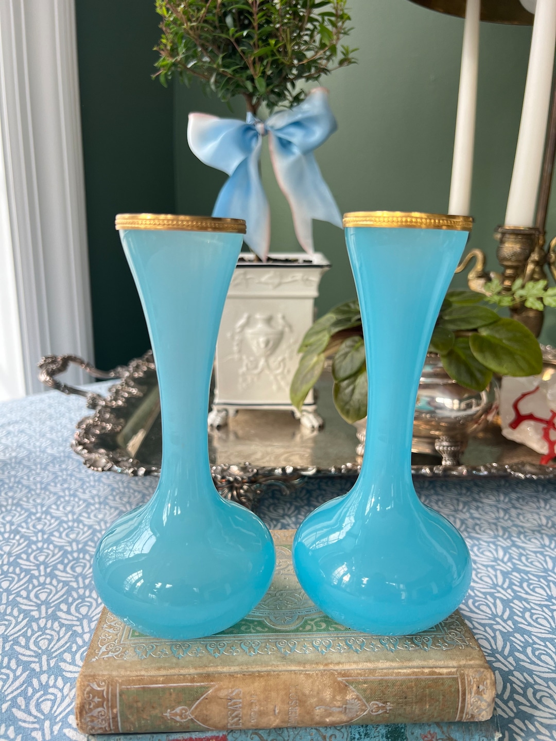 Pair of Blue Opaline Glass Bud Vases With Gilt Ormolu Rims // French ...