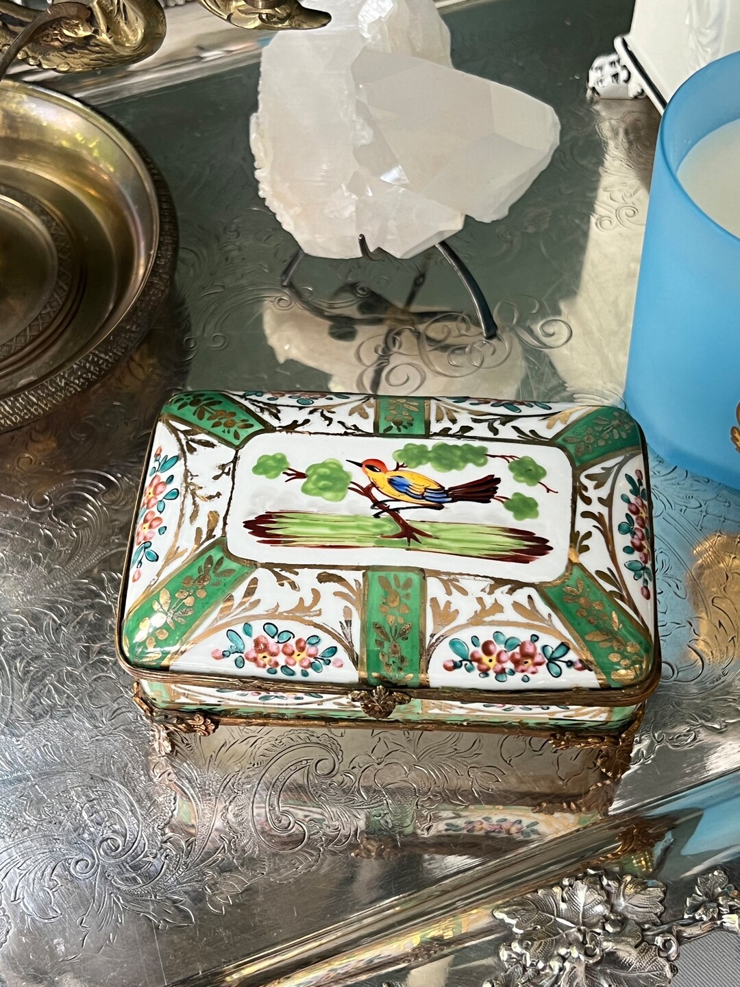 Large Limoges Porcelain Box With Ormolu Mounts // Bird on Branch ...