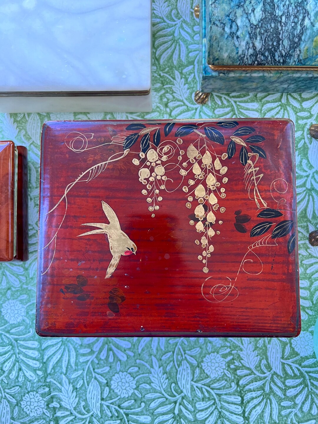 Vintage Japanese Lacquer Wood Box With Hinged Lid and Key //handpainted ...