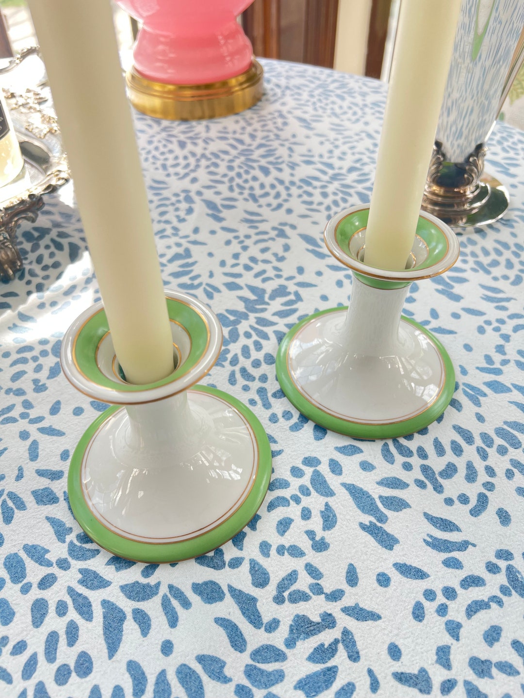 Fitz and Floyd Candle Holders // Ceramic With Green Band and Gold Rim // Taper Candle Holders ...
