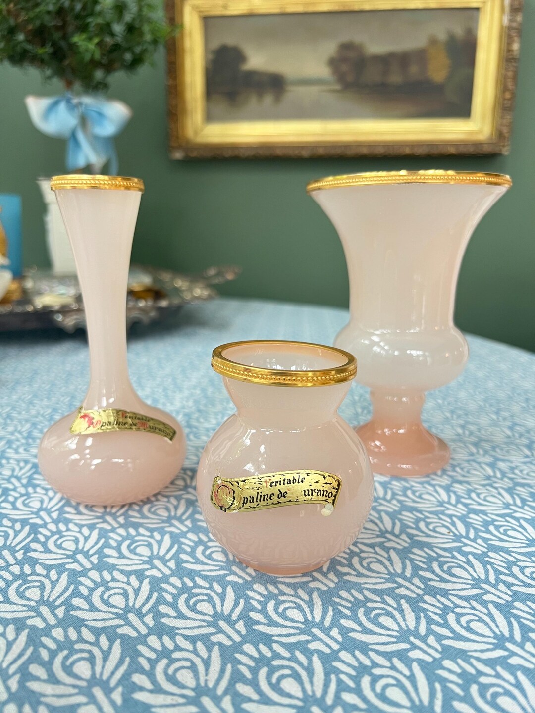 Set of 3 Italian Pink Opaline Vases With Gold Rims // Veritable Opaline ...