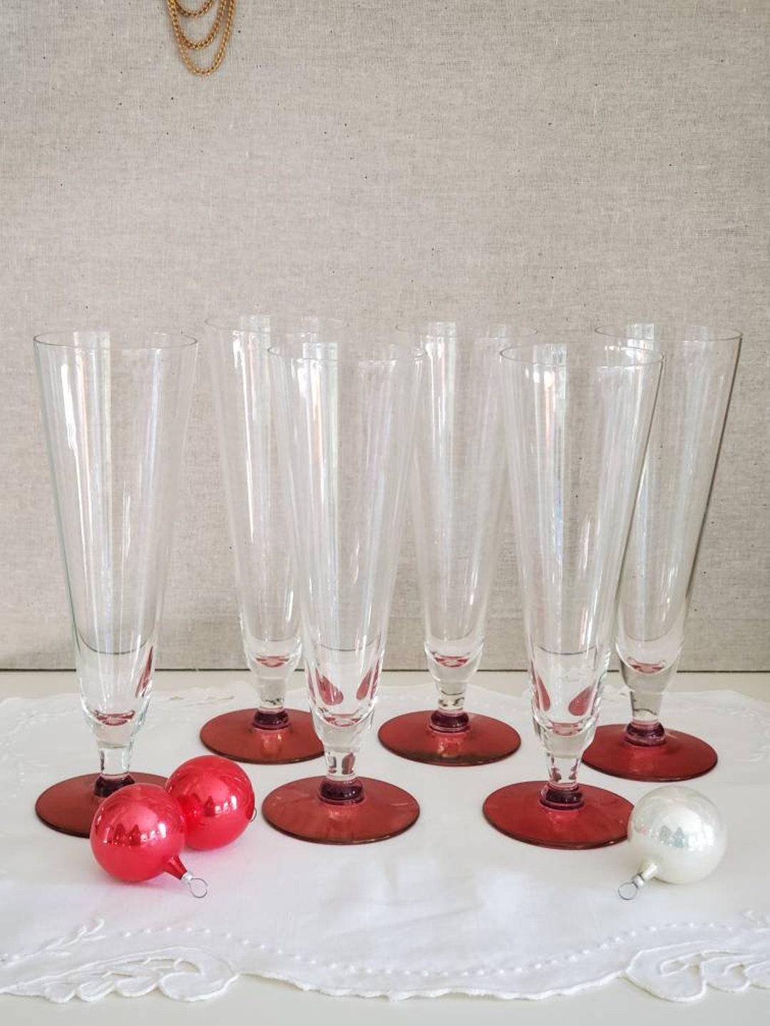 Beautiful Set of 6 Cranberry Flashed Glass Foot Champagne Glasses ...