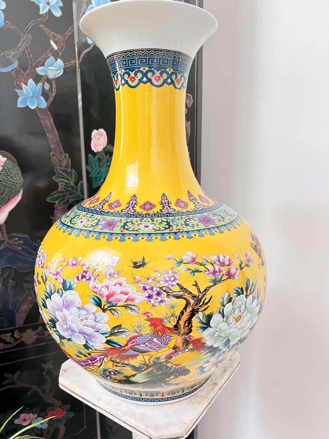 Beautiful GIANT Yellow Temple Vase // Chinoiserie // Yellow Ceramic ...