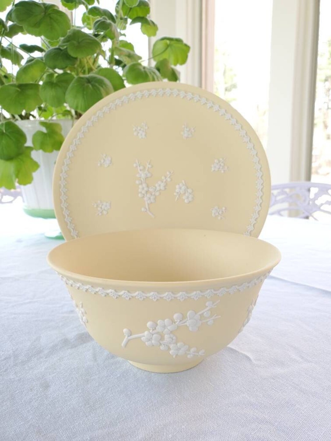 Wedgwood Jasperware Primrose Yellow Prunus Plate and Bowl Set // Plum ...