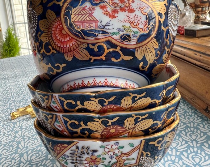 Four Beautiful Imari Square Bowls // Hand-painted Footed Bowls // Blue ...