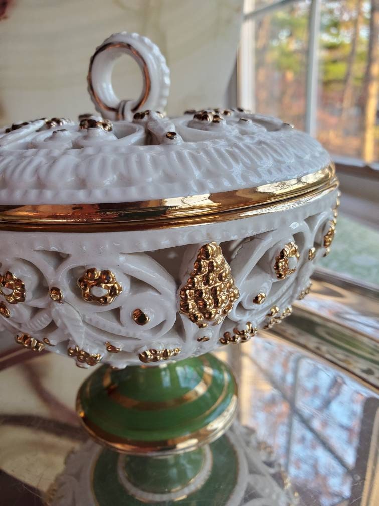 Vintage Italian Ceramic Compote With Lid // Gold and Green // Pierced ...