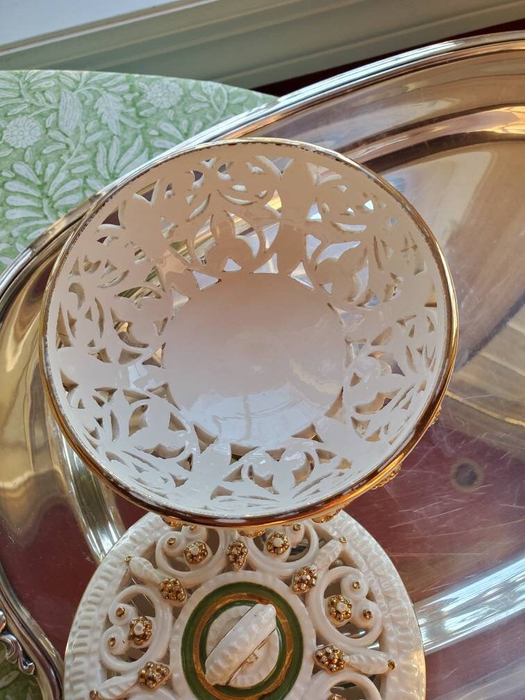 Vintage Italian Ceramic Compote With Lid // Gold and Green // Pierced ...
