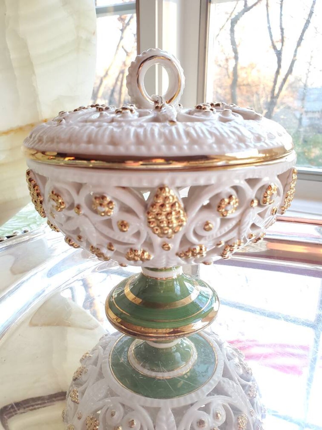 Vintage Italian Ceramic Compote With Lid // Gold and Green // Pierced ...