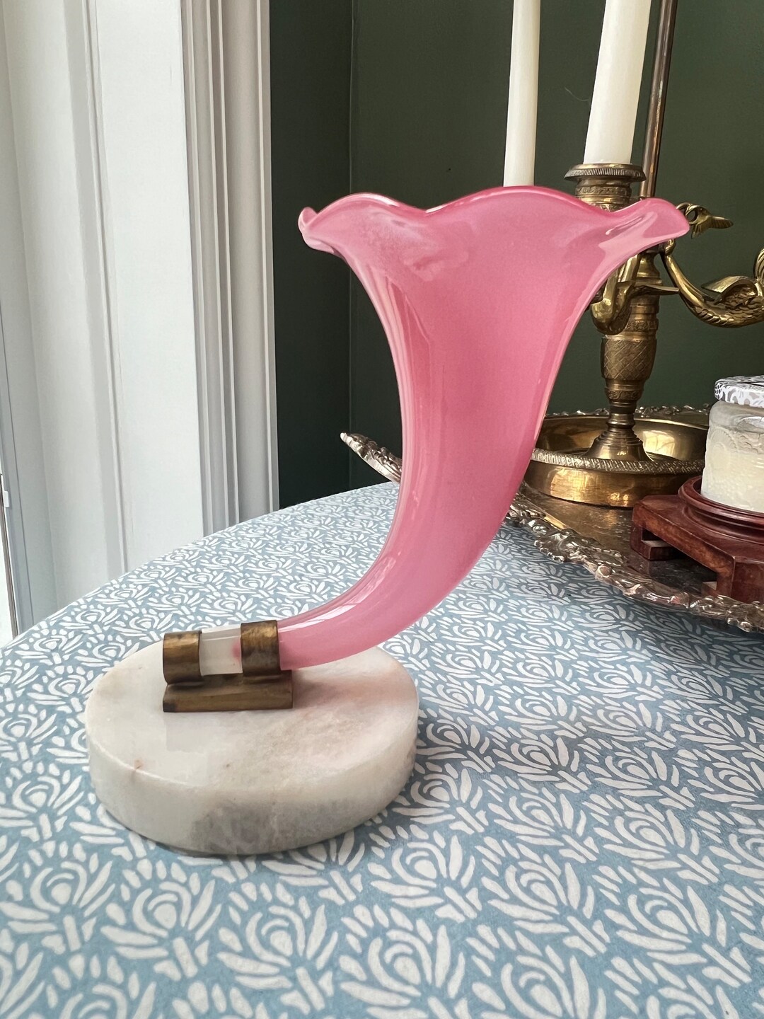 Antique Pink Opaline Trumpet Vase With Marble Base // Victorian Pink ...