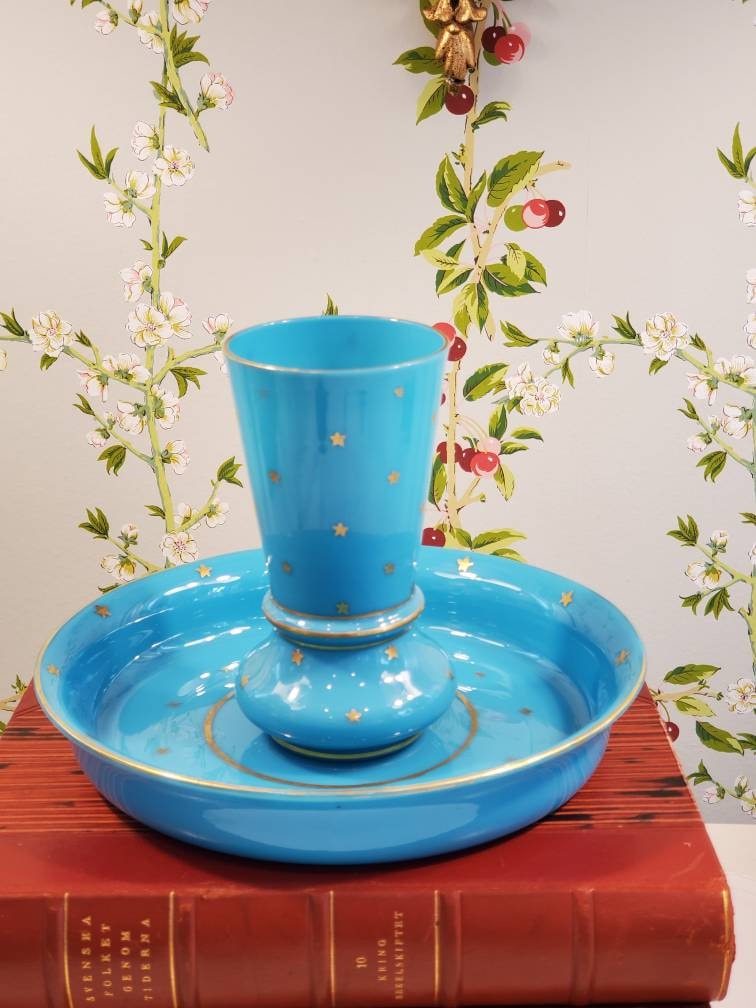 Beautiful PV Blue Opaline Glass Vase and Matching Plate // - Etsy
