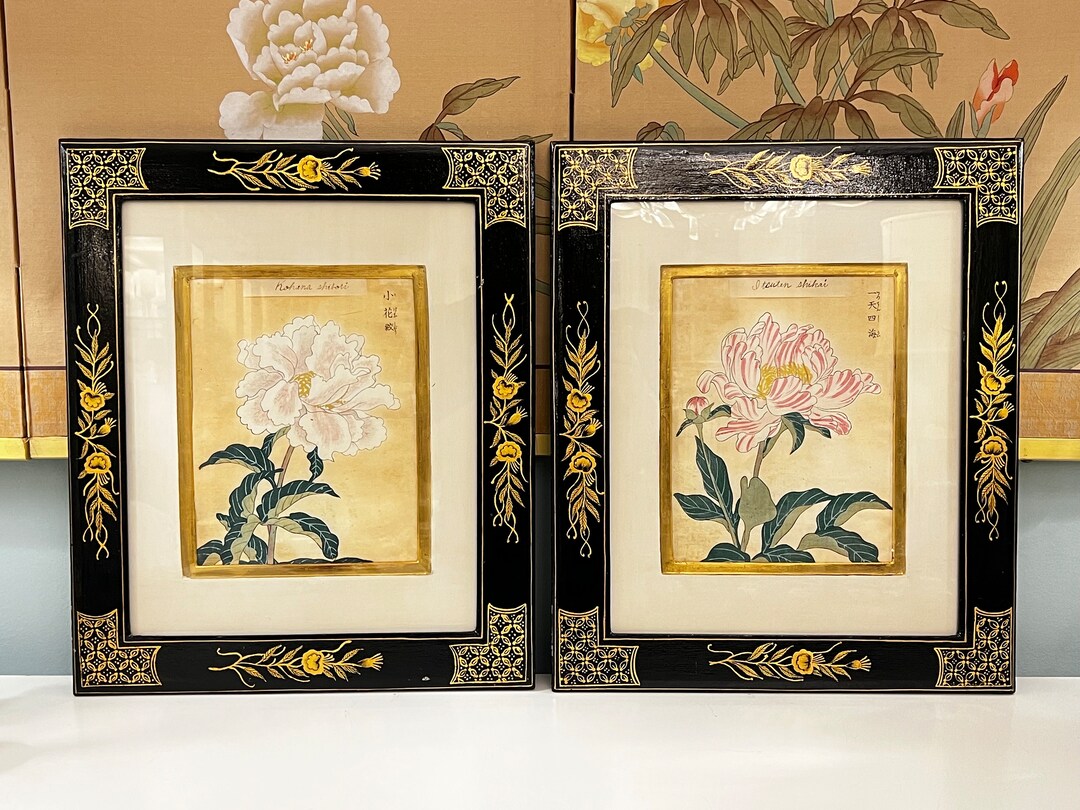 Beautiful Pair of Japanese Floral Paintings in Lacquer Frames // Framed ...