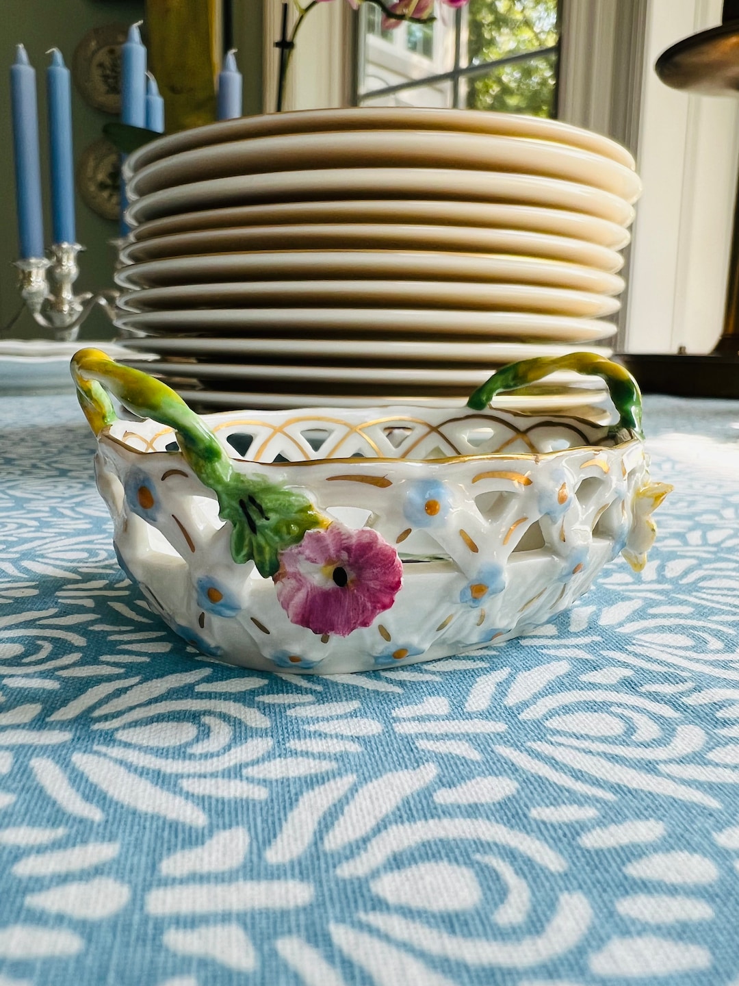 Vintage Dresden Basket // Hand Painted Porcelain Basket // Pierced ...